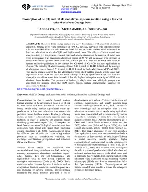Pdf Biosorption Of Fe Ii And Cd Ii Ions From Aqueous Solution
