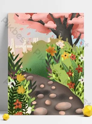 Spring Drawing Background Warm Drawing Style Tree Fence Flowers Illustration PSD Free Download