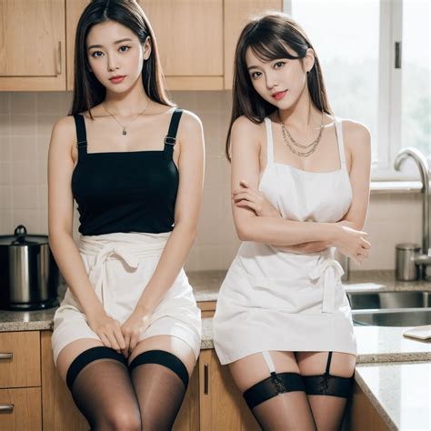 Two Women In Aprons Sitting On A Counter In A Kitchen Seaart Ai