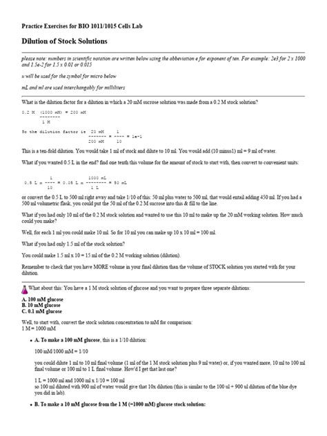 Dilution Practice Exercises Pdf Mass Concentration Chemistry