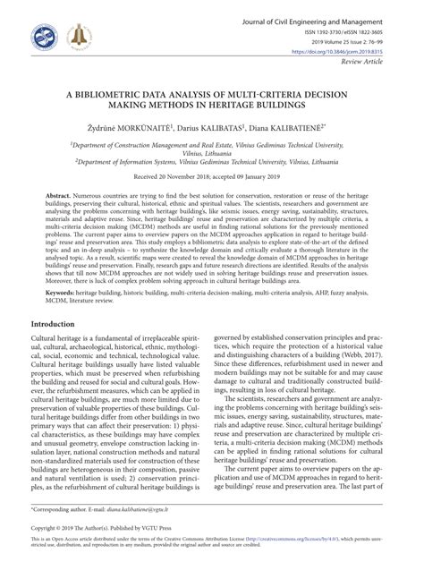 Pdf A Bibliometric Data Analysis Of Multi Criteria Decision Making Methods In Heritage Buildings