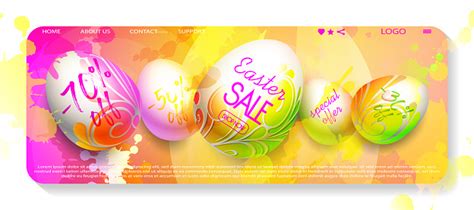 화려한 부활절 달걀 와 장식적인 꽃 패턴 와 할인 텍스트 통하고 있는 다채로운 추상적인 배경에 창의적인 봄 부활절 판매 템플릿 텍스트를 위한 공간이 있는 웹 페이지 0명에