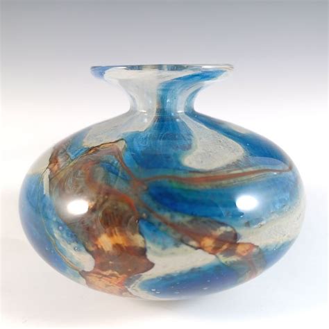 Signed Valletta Maltese Brown And Blue Glass Squat Vase Blue Glass