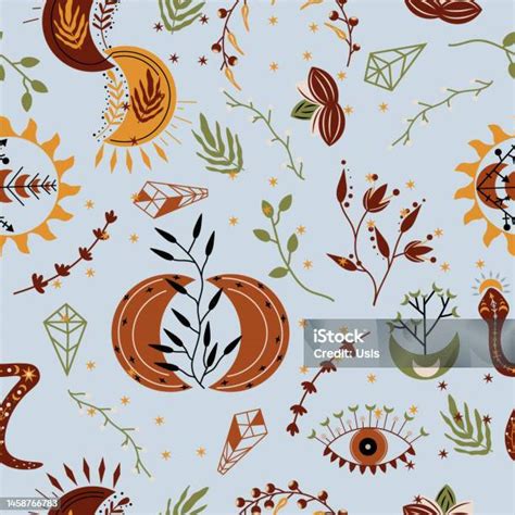 천상의 달 신비로운 뱀 마녀의 눈 화려한 꽃과 나뭇잎으로 매끄러운 패턴 세련된 패턴은 섬유 직물 벽지 배너 등으로 사용할 수 있습니다 벡터 꽃무늬에 대한 스톡 벡터 아트 및