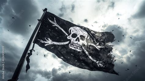Pirate Flag With Skull And Bones Waving In The Wind Cloudy Sky Background Jolly Roger Symbol