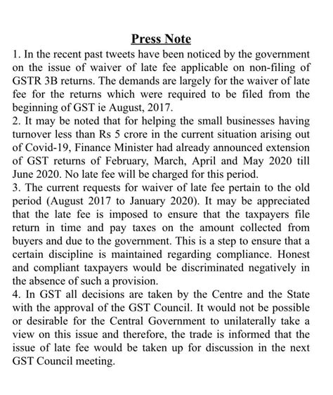 CBIC Issues Press Note Relating To GST Late Fee For August To January To Be Discussed