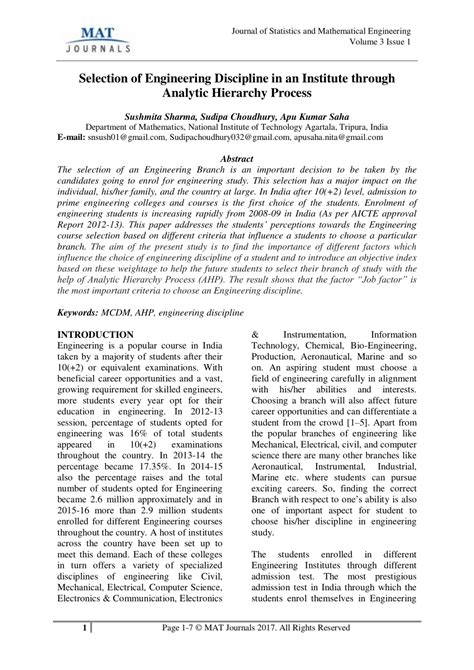 Pdf Selection Of Engineering Discipline In An Institute Through