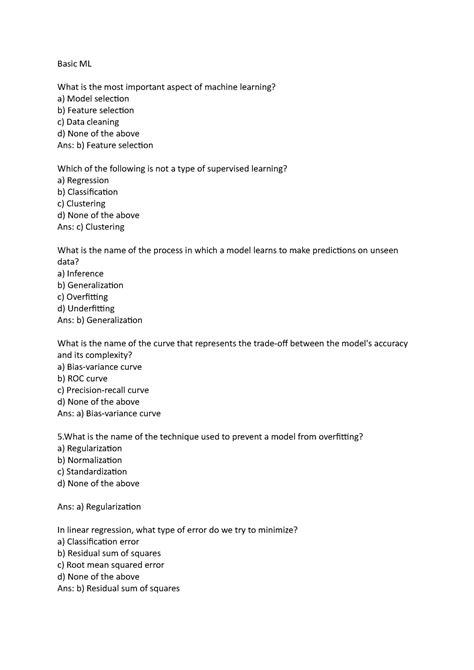 Ml Mcqs Ml Mcq Basic Ml What Is The Most Important Aspect Of Machine Learning A Model