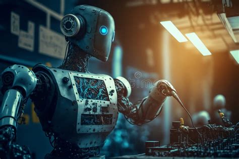 Humanoid Robot Working And Manufacturing On A Business Factory Assembly