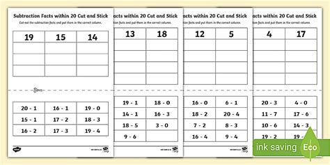 Subtraction Facts Within 20 Cut And Stick Activity