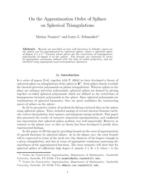 Pdf On The Approximation Order Of Splines On Spherical Triangulations