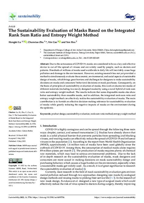 Pdf The Sustainability Evaluation Of Masks Based On The Integrated