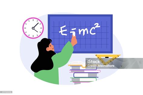 웹을 위한 현대 평면 디자인의 교육 개념 학교 수업에서 물리학을 설명하는 여자 칠판에 공식을 쓰는 여자 교실에서 대답하는 학생 지식을 얻는 학생 벡터 일러스트 레이 션