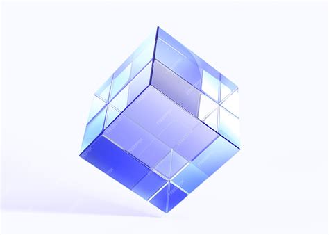 홀로그램 그라데이션 텍스처가 있는 유리 반투명 큐브 크리스탈 블록 3d 렌더링 아이콘 파란색 빛 굴절 추상 기하학적 모양 격리된