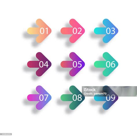 흰색 배경에 설정된 화살표 글머리 기호 삼각형 플래그입니다 디자인에 대한 1에서 9까지의 숫자로 다채로운 그라데이션 마커 벡터 일러스트레이션 0명에 대한 스톡 벡터 아트 및