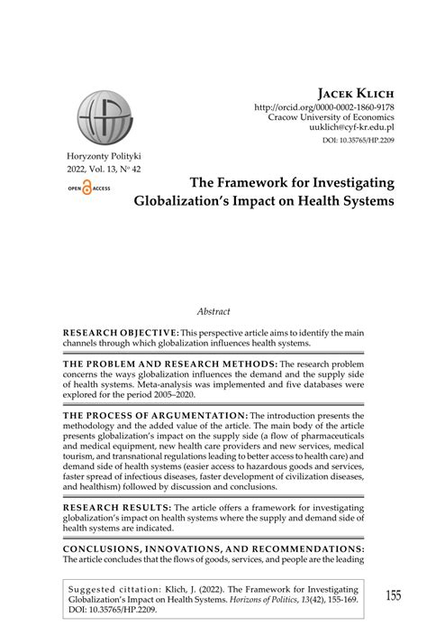 Pdf The Framework For Investigating Globalizations Impact On Health