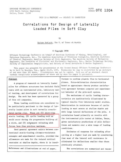 1970 Correlations For Design Of Laterally Loaded Piles In Soft Clay Pdf