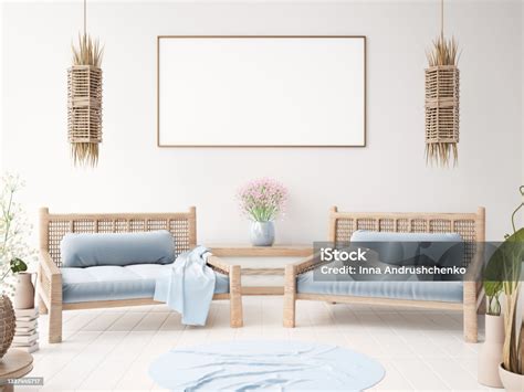 안락의자 2개 열대 인테리어 벽에 포스터 프레임을 모의 흰색 벽 근처의 나무 벤치 3d 렌더링이 있는 현대적인 거실의 인테리어 디자인 0명에 대한 스톡 사진 및 기타 이미지