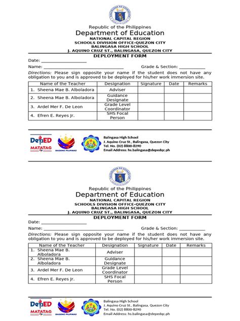 Deployment Form Pdf Philippines