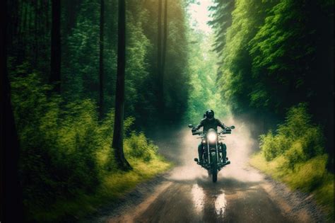 Moto Roulant à Travers La Forêt Sur Une Route De Campagne Fabriqué Par