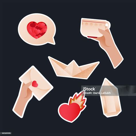 발렌타인 스티커 팩 현대 평면 벡터 개념 그림입니다 하트 핸드 홀드 컵 핸드 홀드 엔벨롭 텍스처와 종이 배 불꽃과 하트 스톤 아이콘과 채팅 상자 소셜 미디어 광고 2월에