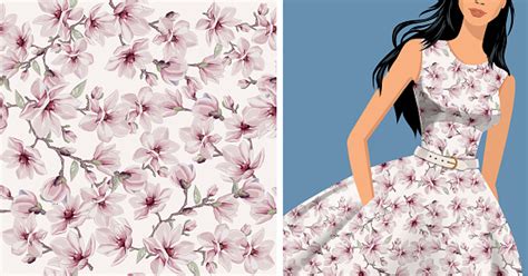 선물 포장 직물 커버 및 꽃이있는 인테리어 디자인을위한 완벽한 벡터 빈티지 꽃 패턴 그리고 모의 패턴을 사용한 사용 예 목련 드레스에 대한 스톡 벡터 아트 및 기타 이미지