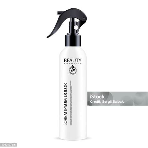 검은 디스펜서 캡 화이트 스프레이 화장품 병 액체 물 석유 토 닉과 다른 화장품에 대 한 펌프와 절연된 컨테이너 디자인 벡터 이랑 그림입니다 3차원 형태에 대한 스톡 벡터