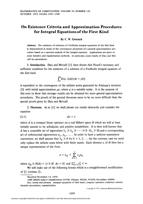 Pdf On Existence Criteria And Approximation Procedures For Integral Equations Of The First Kind