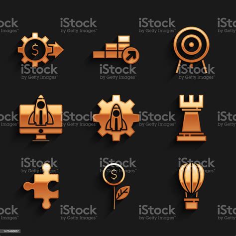 시작 프로젝트 개념 달러 공장 열기구 체스 퍼즐 조각 목표 및 달러 아이콘이 있는 기어를 설정합니다 벡터 Launch Party