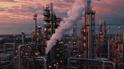 Large Industrial Refinery With Smokestacks Emitting White Smoke Pink Sunset Sky Shows
