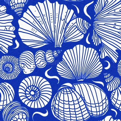 Azure Blue White Shell Motif With Linen Seamless Batik Background