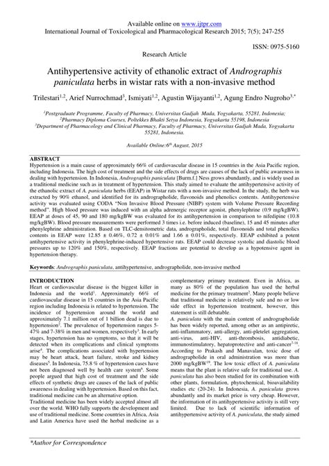 Pdf Antihypertensive Activity Of Ethanolic Extract Of Andrographis Paniculata Herbs In Wistar