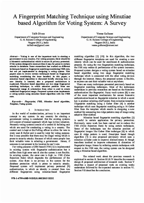 Pdf A Fingerprint Matching Technique Using Minutiae Based Algorithm For Voting System A Survey