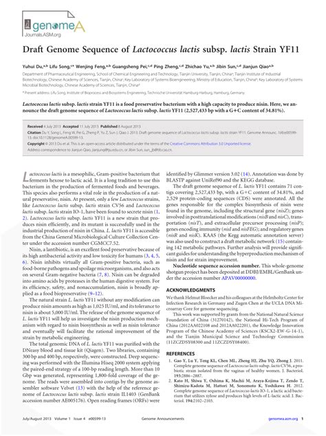 Pdf Draft Genome Sequence Of Lactococcus Lactis Subsp Lactis Strain Yf11