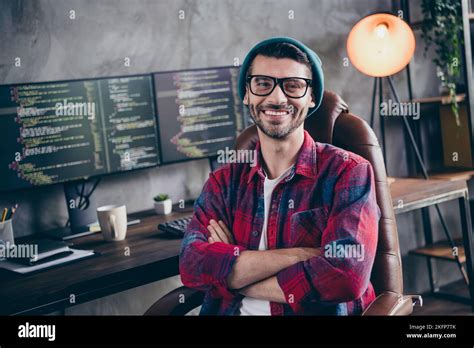 Photo Of Confident Cheerful Programmer Wear Spectacles Arms Folded