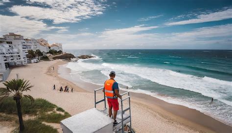 Premium Photo From Above A Male Lifeguard On Duty Scanning The Horizon With A Vigilant Eye