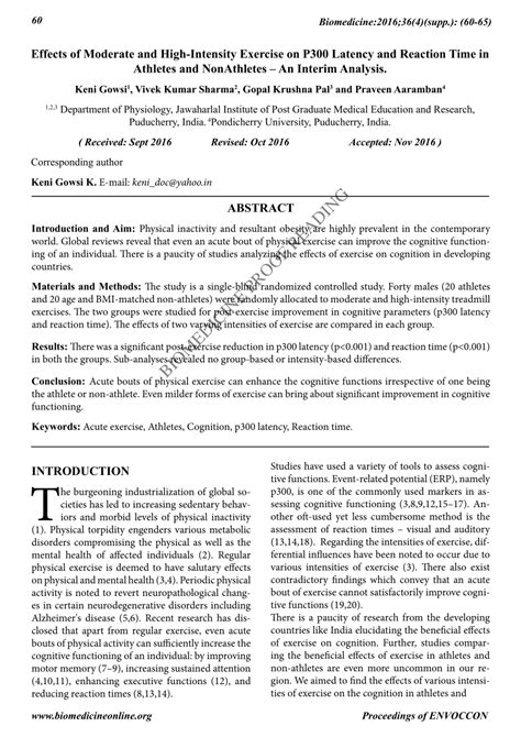 Pdf Effects Of Moderate And High Intensity Exercise On P300 Latency And Reaction Time In