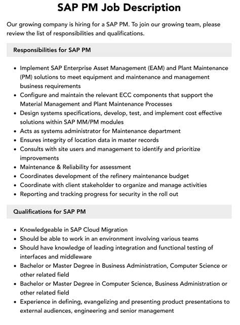 SAP PM Job Description Velvet Jobs