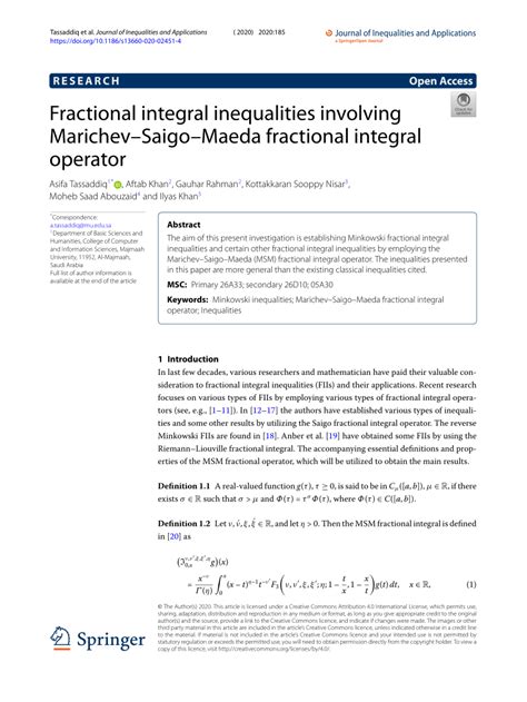 Pdf Fractional Integral Inequalities Involving Marichevsaigomaeda Fractional Integral Operator