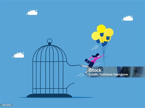 새로운 것을 생각하고 배울 수 있는 자유 전구 풍선으로 감옥에서 탈출하는 사업가 가능성에 대한 스톡 벡터 아트 및 기타 이미지