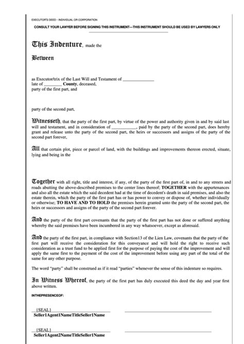 Executor S Deed Individual Or Corporation New York Printable Pdf