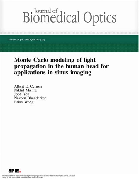 Pdf Monte Carlo Modeling Of Light Propagation In The Human Head For Applications In Sinus