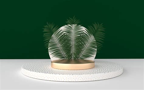 기하학적 모양의 3d 렌더링 스튜디오 바닥에 연단 제품 프레젠테이션을 위한 플랫폼 배경 모의 최소한의 디자인의 추상적 구성 열대 야자수 잎 연단에 대한 스톡 사진 및 기타