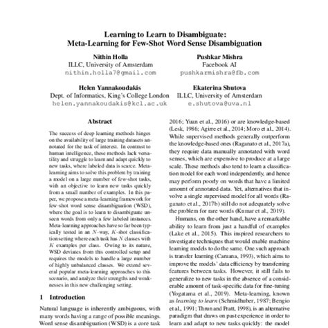 Learning To Learn To Disambiguate Meta Learning For Few Shot Word Sense Disambiguation Acl