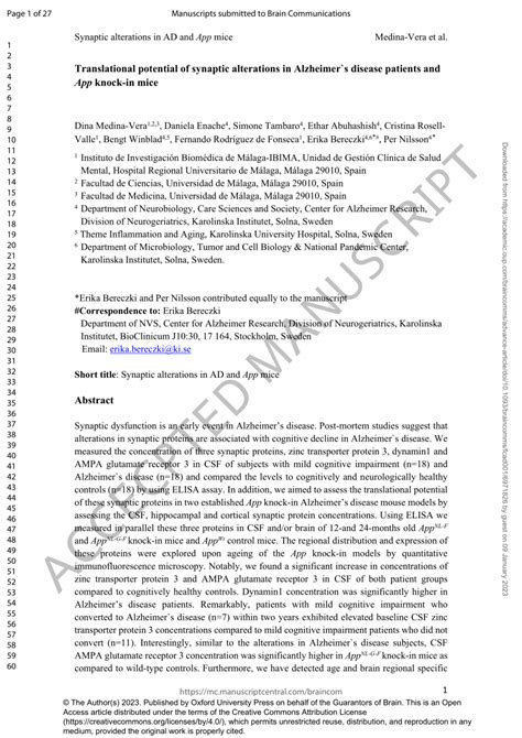 Pdf Translational Potential Of Synaptic Alterations In Alzheimer`s Disease Patients And App