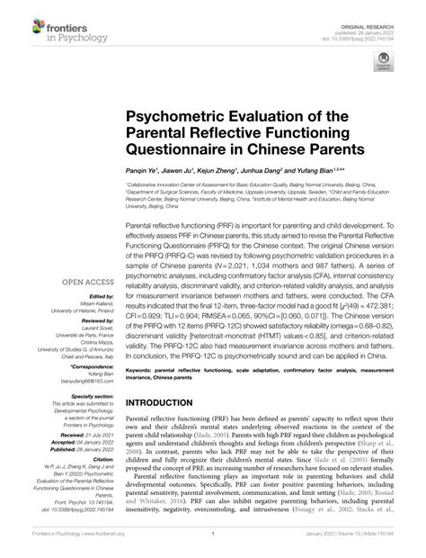(PDF) Psychometric Evaluation of the Parental Reflective Functioning Questionnaire in Chinese ...