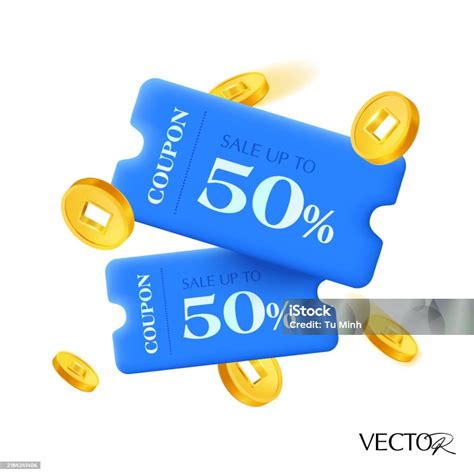 쿠폰 코드가 있는 3d 최소 쿠폰 백분율 가격 할인 황금 동전이 날아다니며 흰색 배경에 고립되어 있습니다 포스터에서 판매를 위한