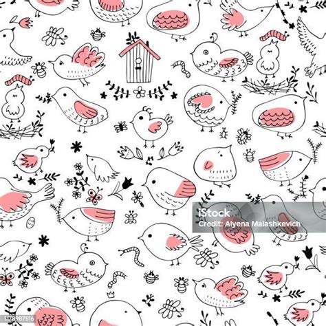 조류의 원활한 벡터 패턴 귀여운 손으로 그린 새 낙서의 컬렉션입니다 흰색 벡터 세트의 검은색입니다 부활절 디자인 계절에 대한 스톡 벡터 아트 및 기타 이미지 Istock