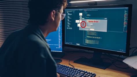Tired White Man Programmer Or It Specialist Software Developer Works On Debugging Code Warning