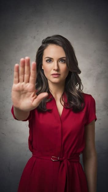 Serious Caucasian Woman Standing Near Copyspace Showing Stop Gesture Premium Ai Generated Image